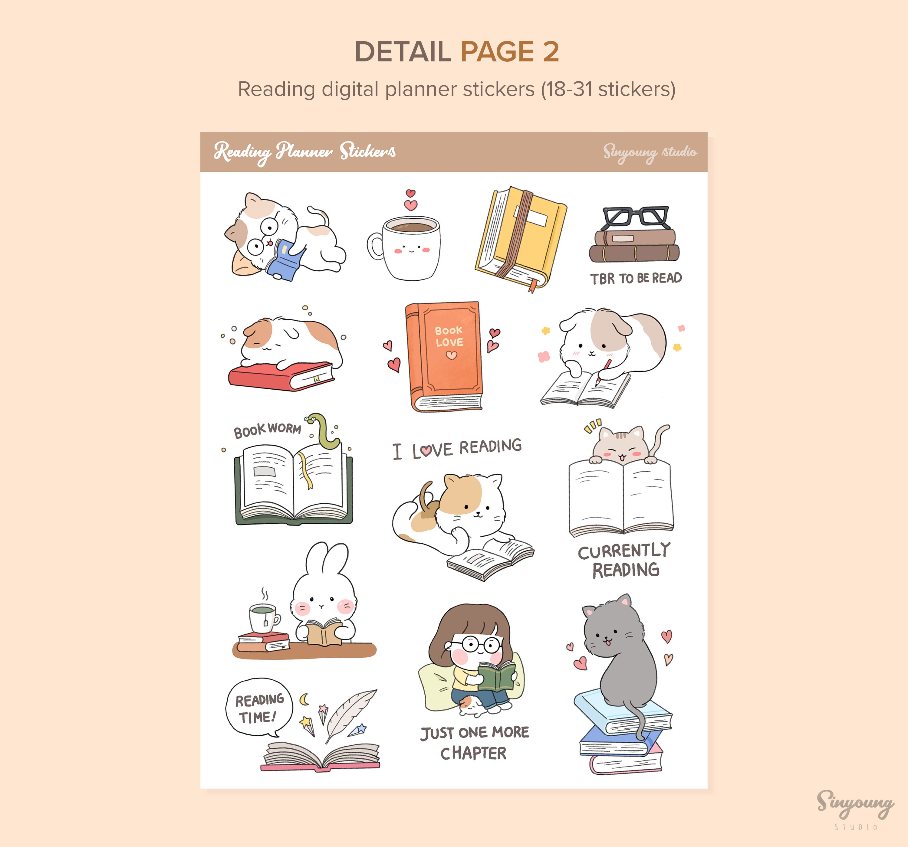 Reading Digital Planner Stickers, Bookworm Cat Stickers for Goodnotes ...