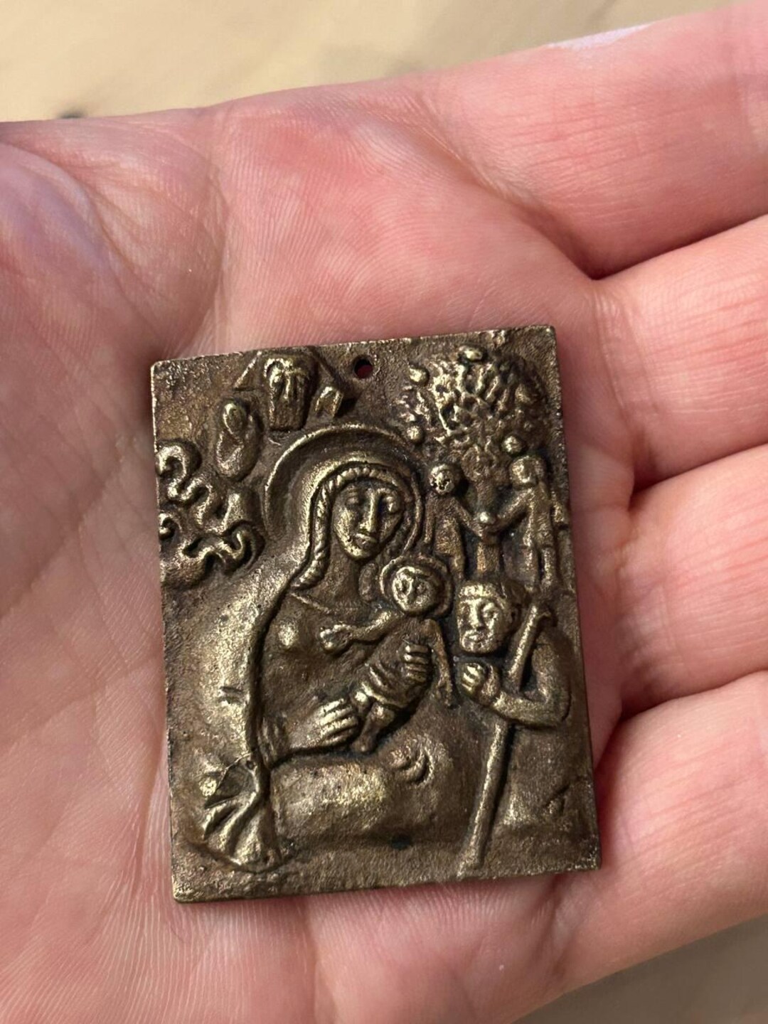 Antique Bronze Religious Plaque Virgin Mary Baby Jesus Shepherds German ...