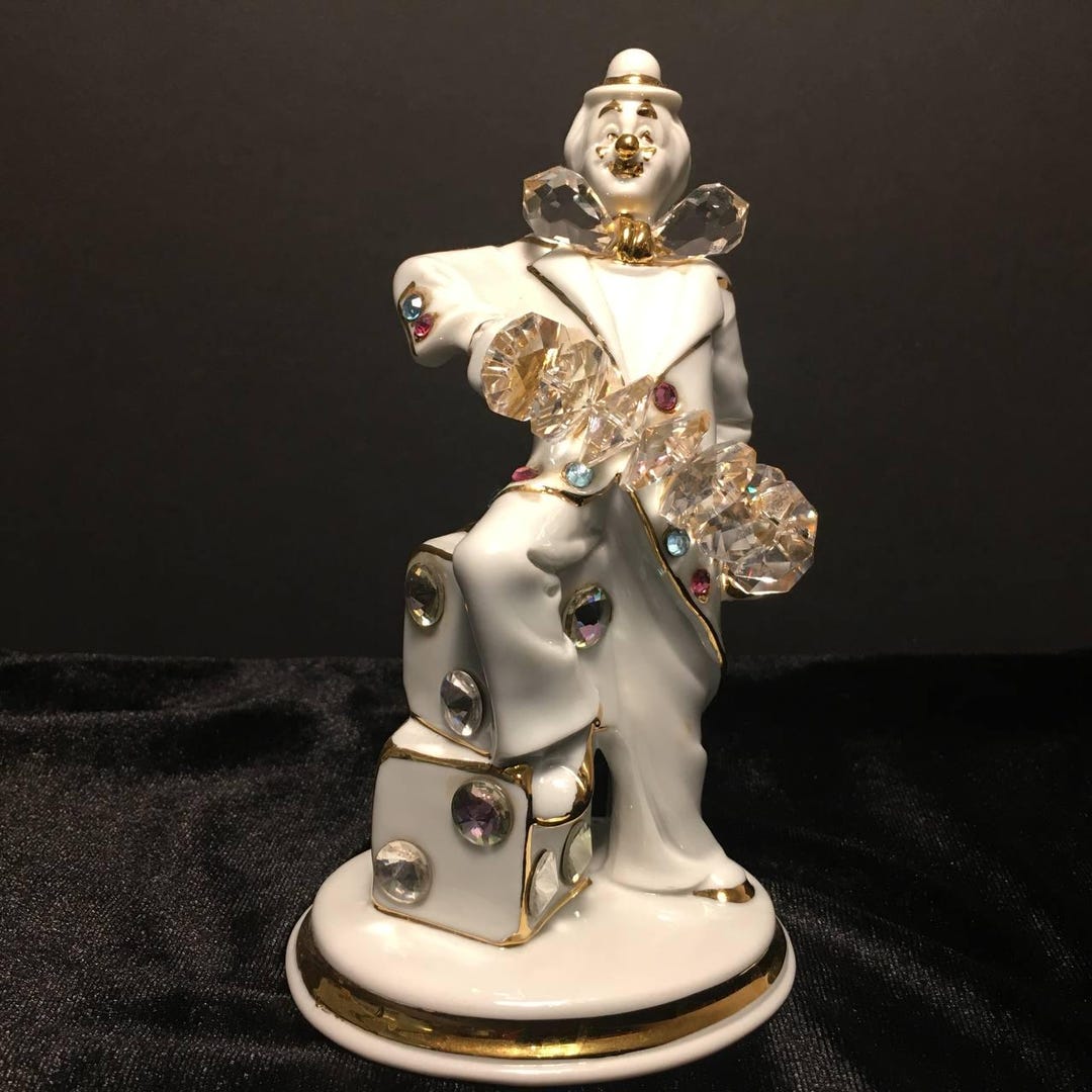 Elegant Porcelain Clown Figurine With Crystal Accents and Gold ...