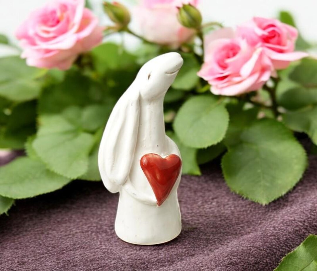 6 Handmade Clay Rabbit Figurine With Heart Whimsical Home Decor and ...
