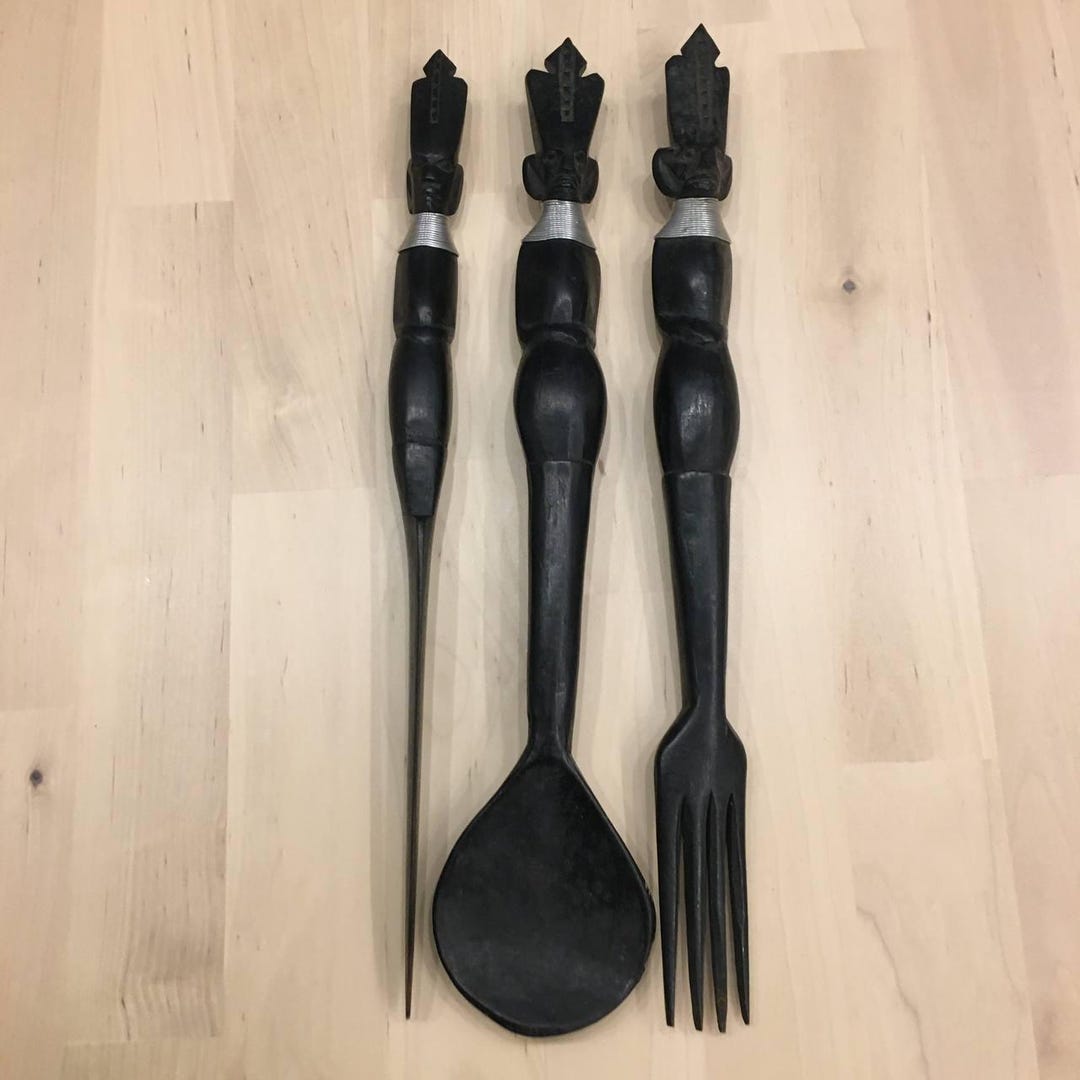 Handmade African Tribal Utensil Set – 3 Piece Ebony Wood Carved Spoon ...