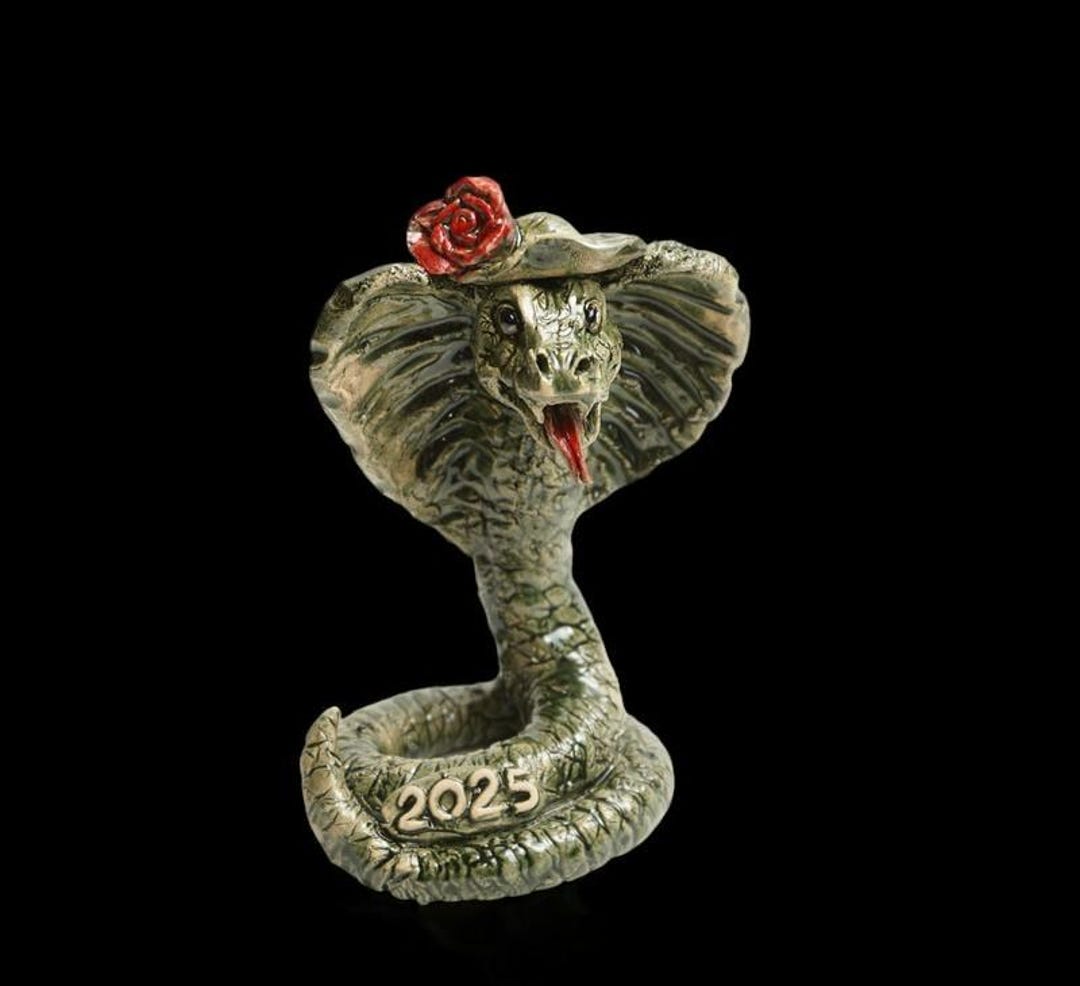 Ceramic Snake Figurine – Desk Guardian Cobra With Rose – Handmade Green ...