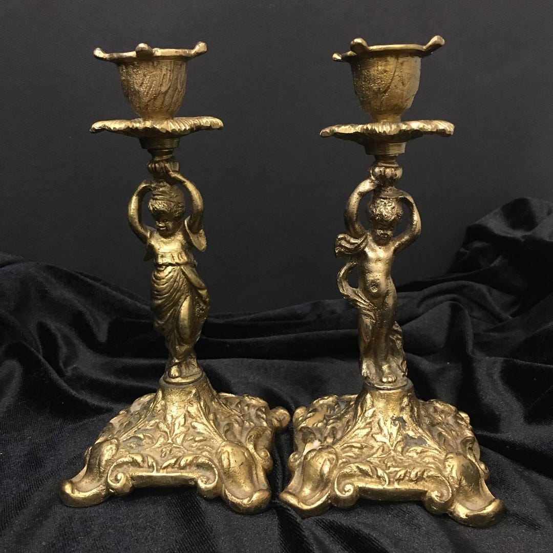 Antique Brass Cherub Candlesticks Set of 2 Baroque Style Candle Holders ...