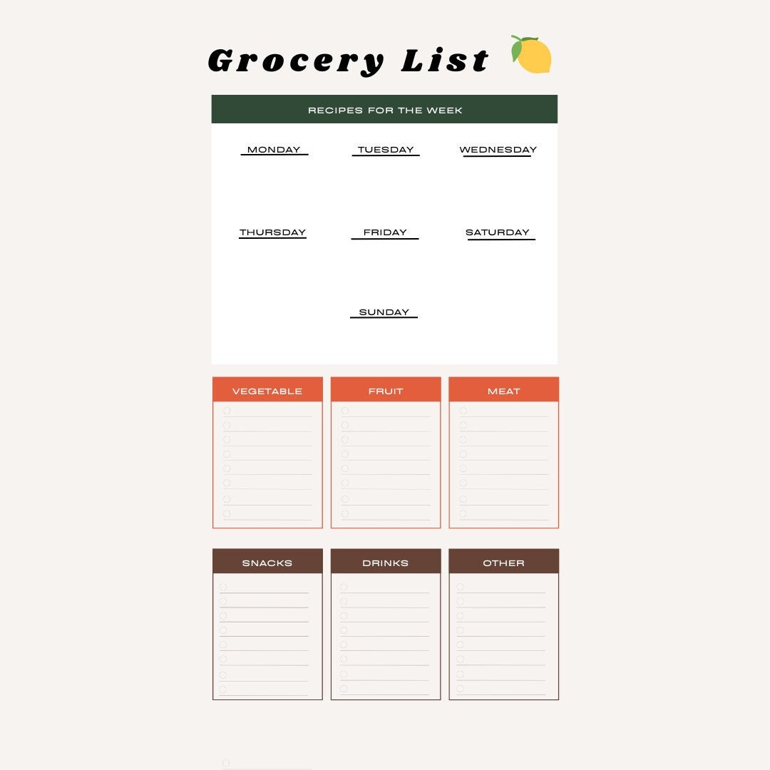 Weekly Grocery List, Instant Download, Planner, Minimal Grocery List ...