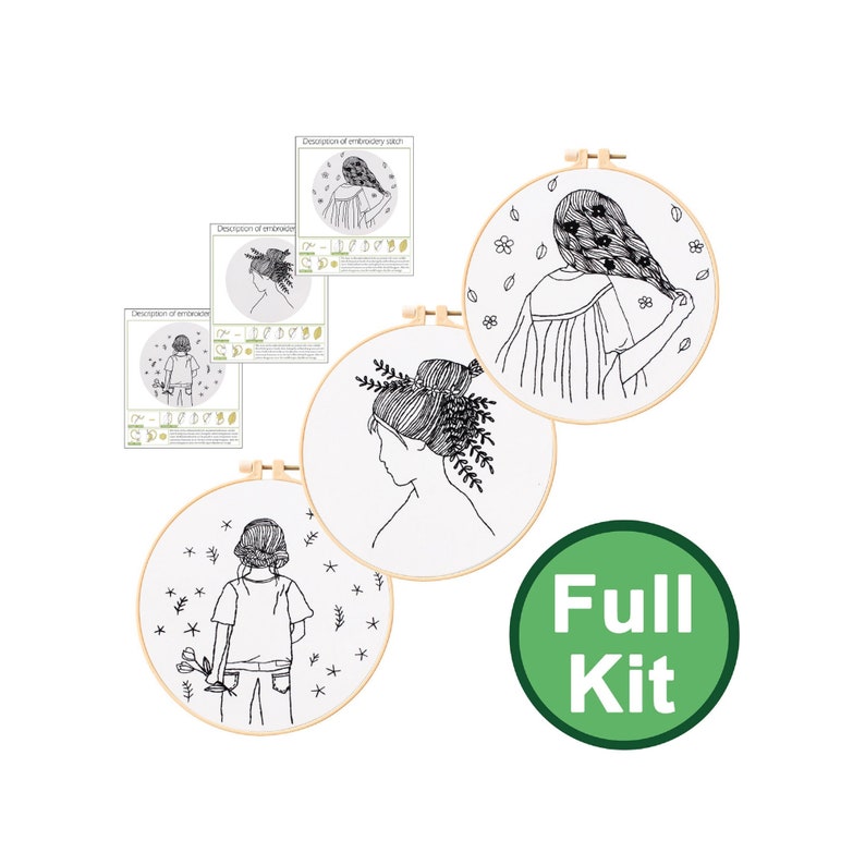 3 Pack Girl's Hair Embroidery Kit DIY Embroidery Modern Embroidery Girl ...