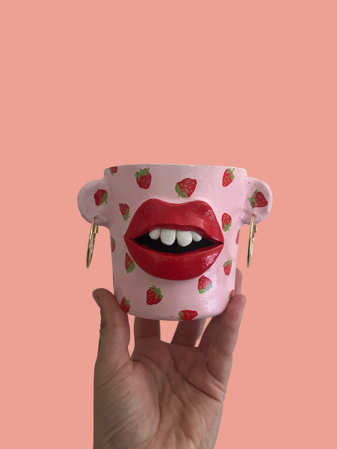 Handmade Strawberry Print Planter Pot: Funky Lips Decor - Etsy
