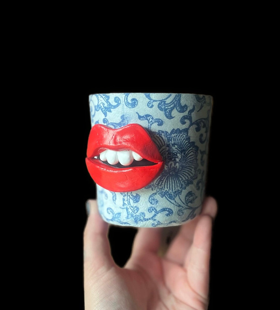 Quirky Lip Pot Planter With Chinese Blue Ceramic Print - Etsy