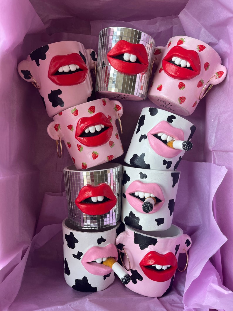 Handmade Strawberry Print Planter Pot: Funky Lips Decor - Etsy