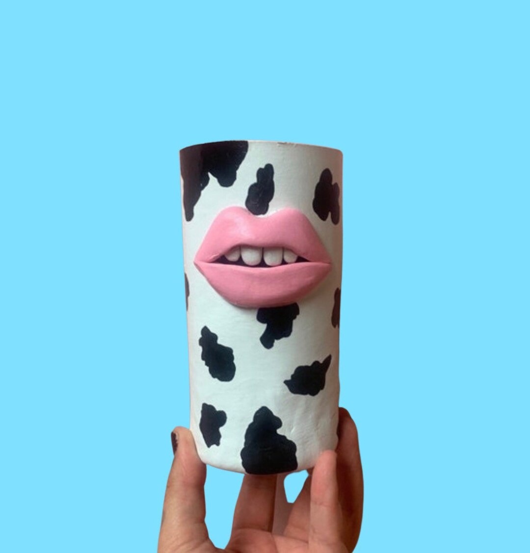 Quirky Girly Cowprint Lips Mouth Pen Pot Pink - Etsy UK