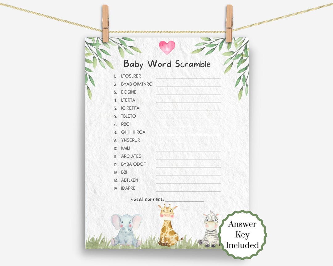 Baby Word Scramble With Answer Key, Safari Animal Baby Shower Games ...