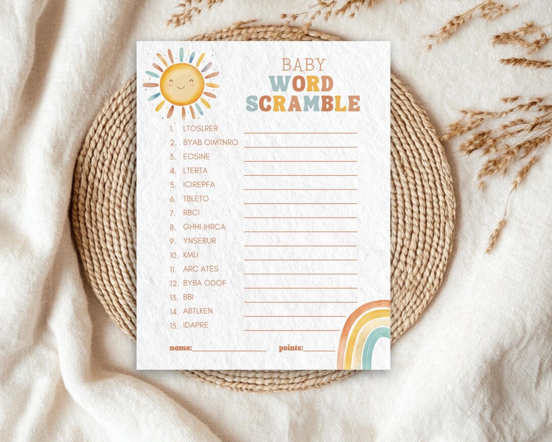 Boho Sun Baby Word Scramble Game With Answer Key, Printable Here Comes ...