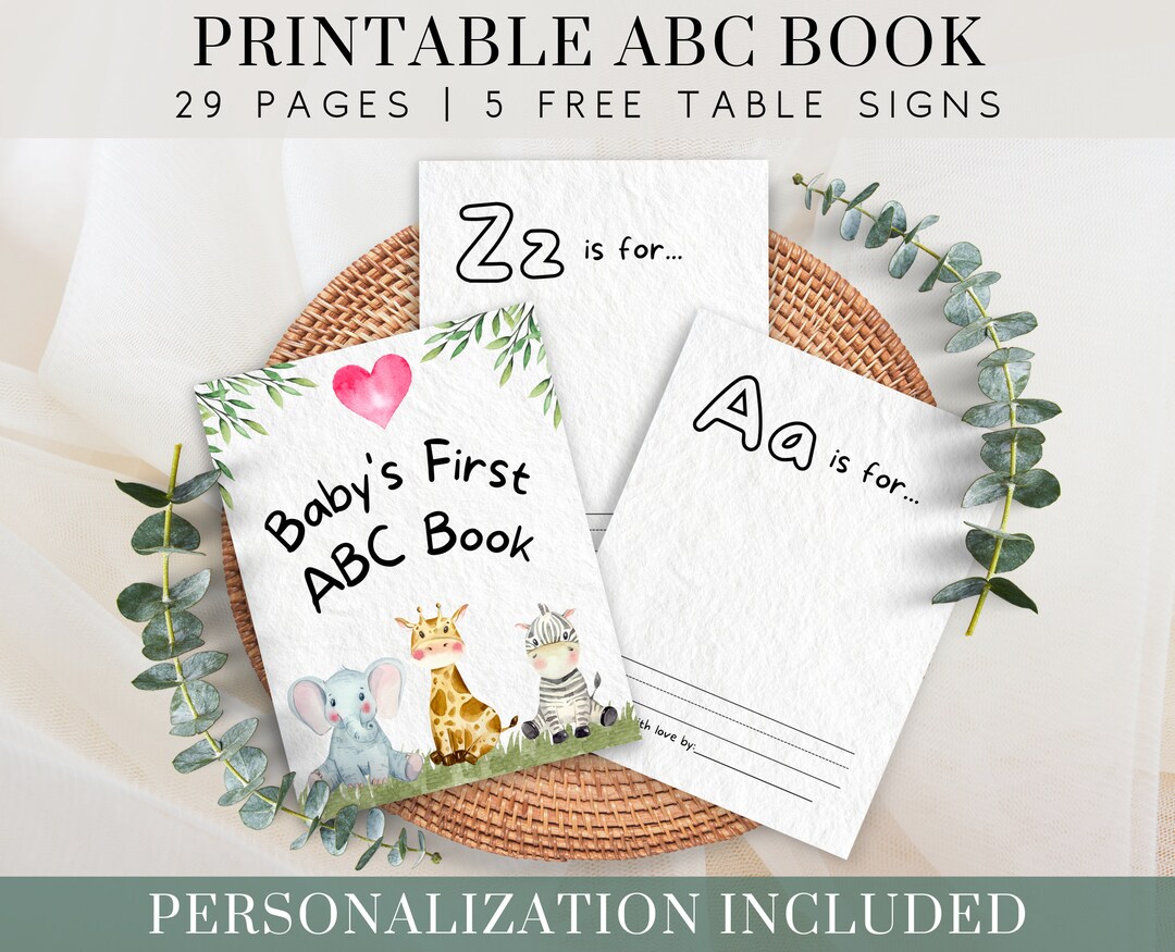 Personalized ABC Book, Greenery Baby Shower Game, Animal Baby Alphabet ...