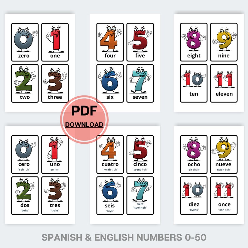 Bilingual Number Flashcards Printable Learning Spanish | Etsy