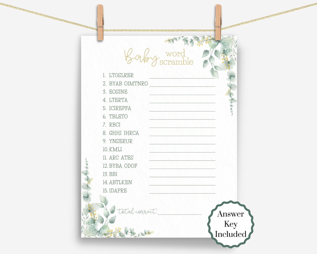 Baby Shower Word Scramble With Answer Key, Greenery Eucalyptus Baby ...