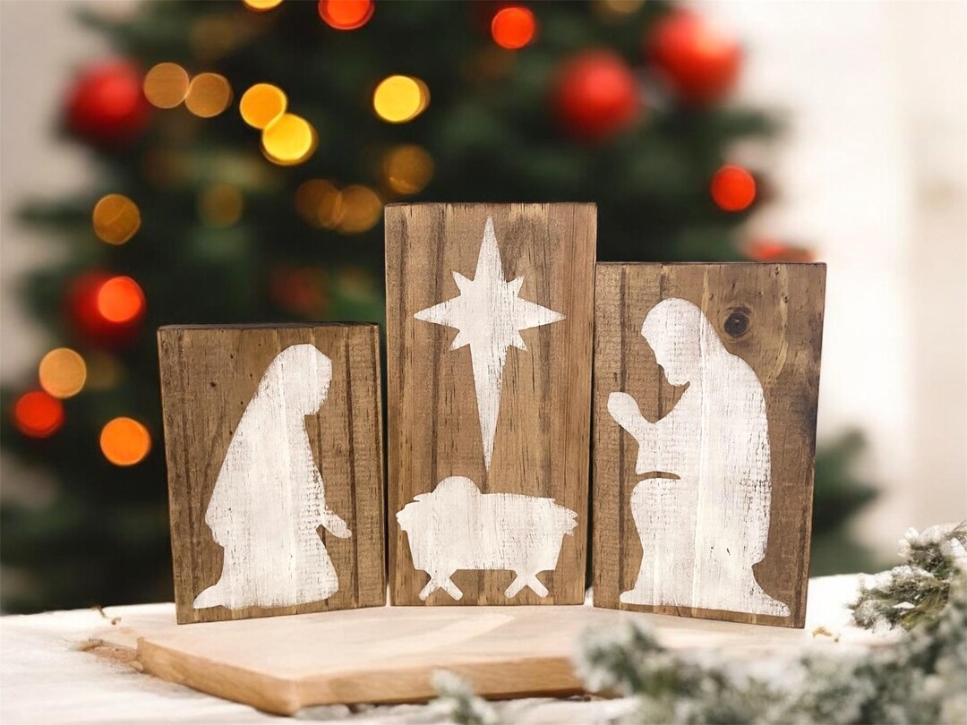 Wooden Nativity Block Set, Rustic Nativity Signs, Nativity Mantle Decor ...