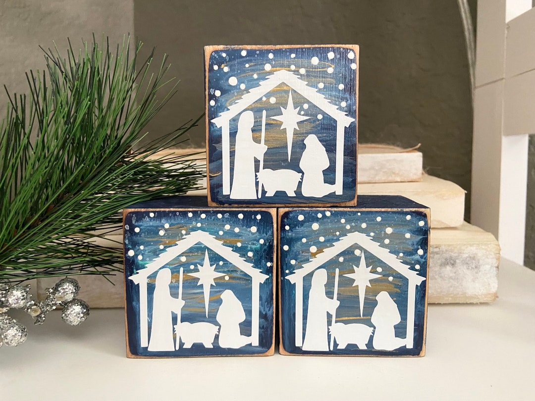 Nativity Scene Mini Block, Nativity Block Sign, Rustic Nativity Shelf ...