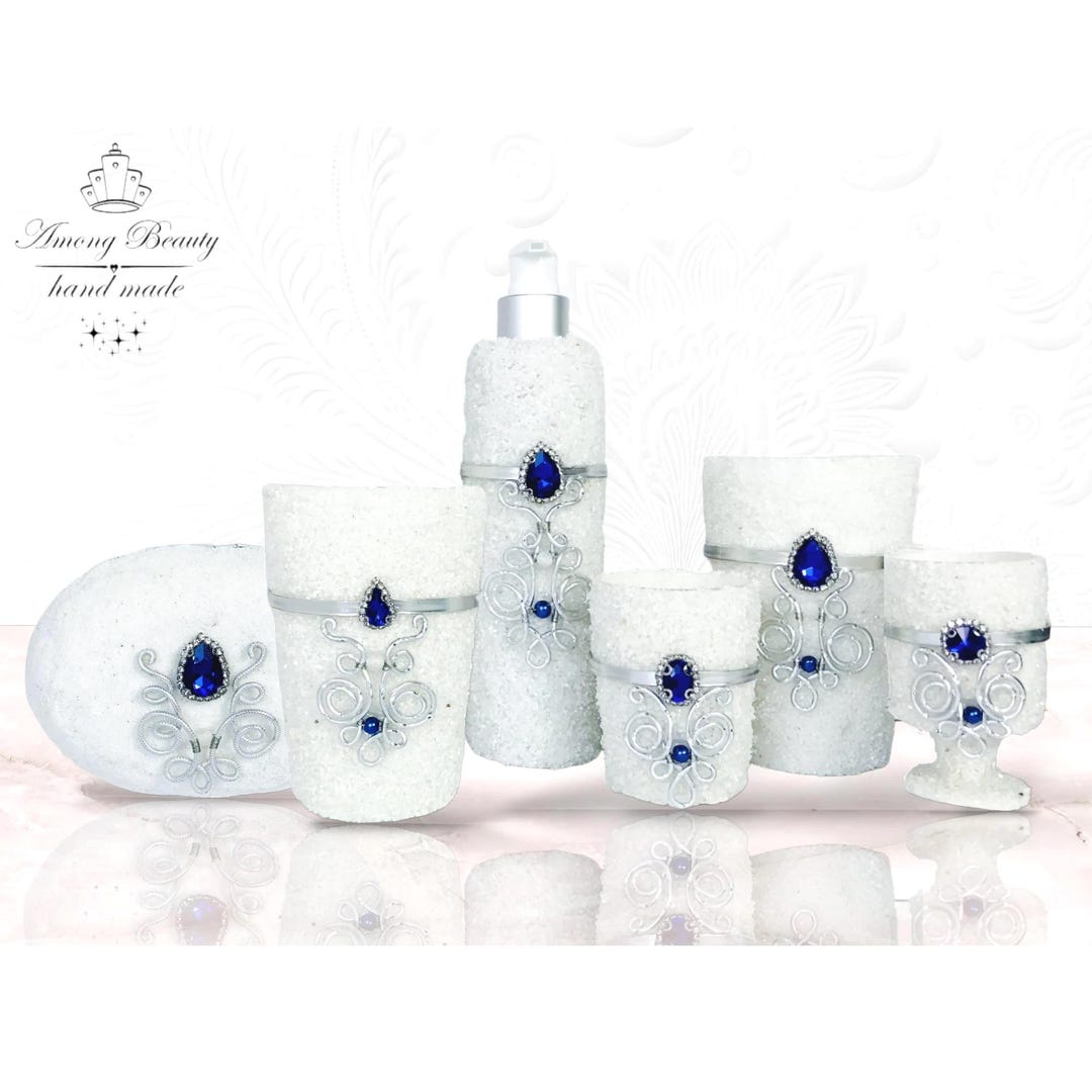 White Marble Makeup Organizer Set – Blue Crystal Monogram Decor - Etsy