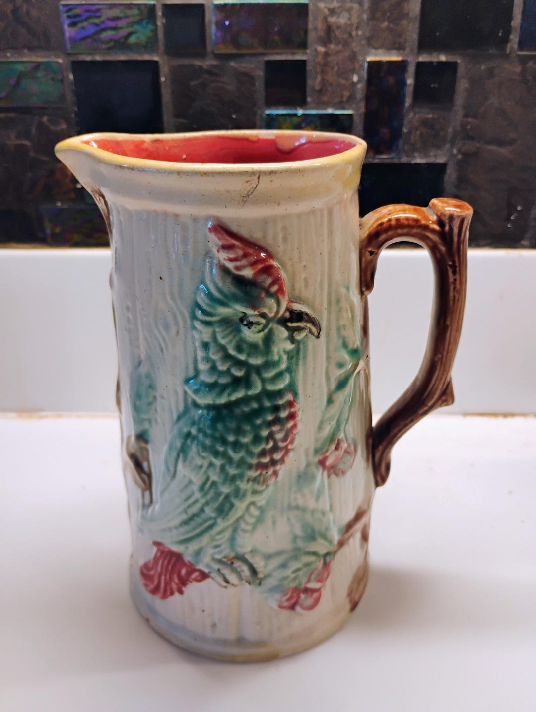 Majolica Embossed Parrot Cockatoo Pitcher With Branch Handle 8" Antique ...