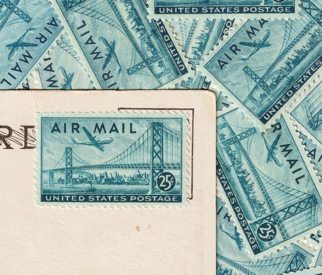 Set of 10 Vintage Stamps: Golden Gate Bridge San Francisco Airmail 25c ...