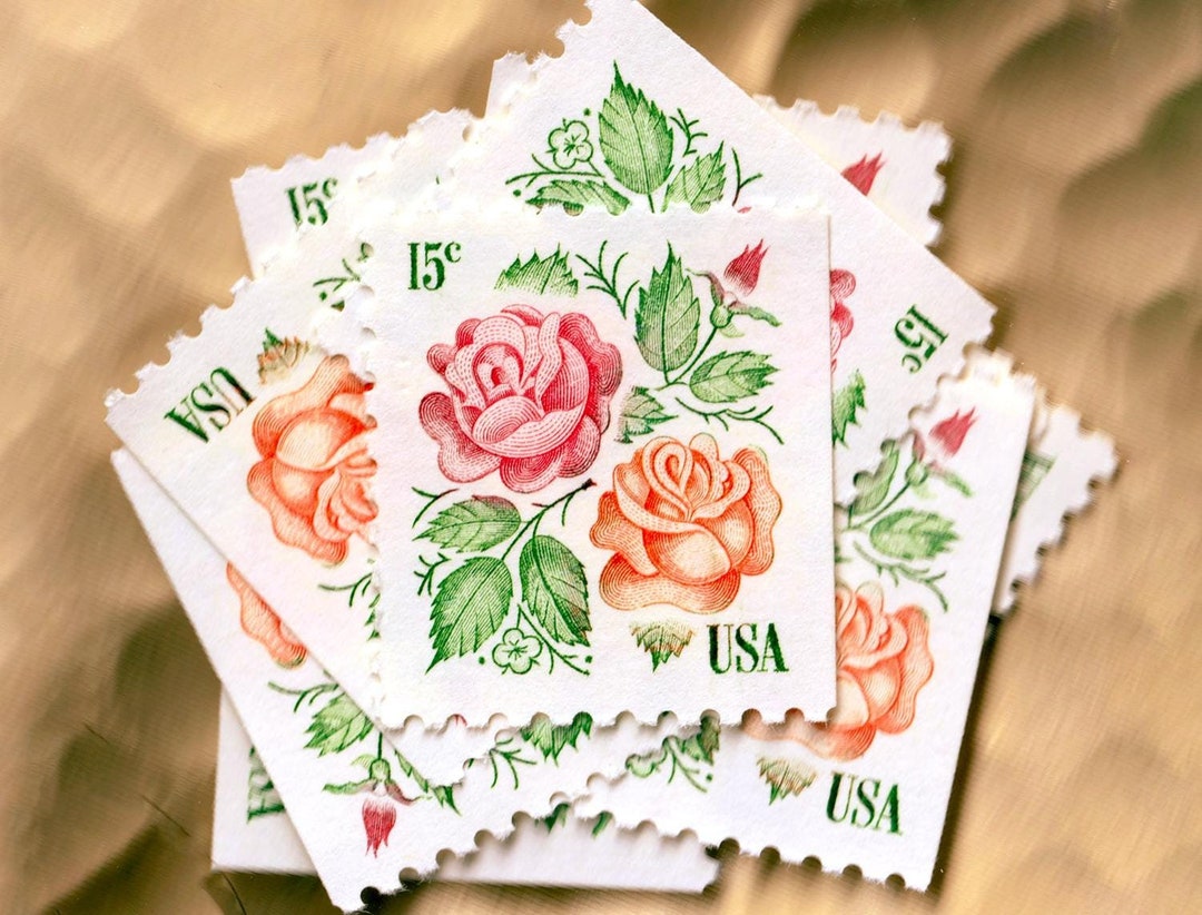 10 Stamps 15 Cent VINTAGE ROSES Pink Orange Unused Vintage Postage Post ...