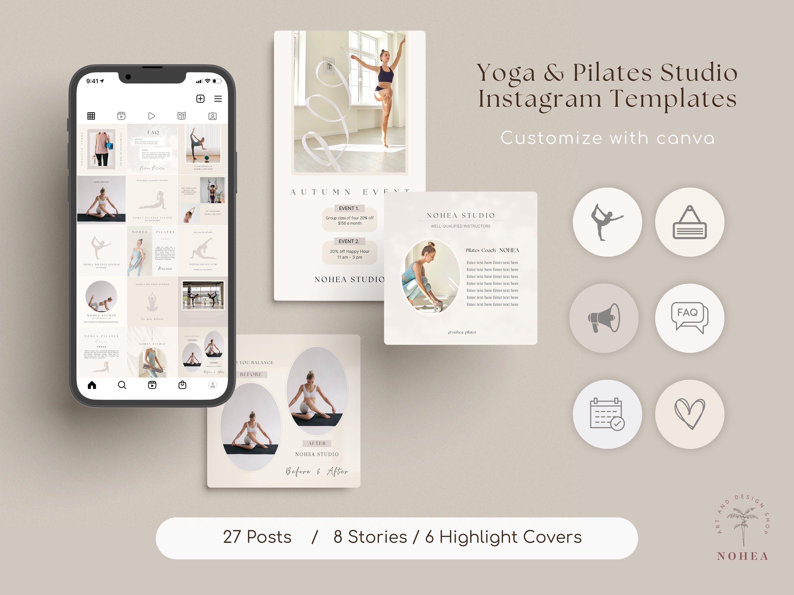 Editable Yoga Studio Instagram Post and Story Templates Fitness Teacher ...