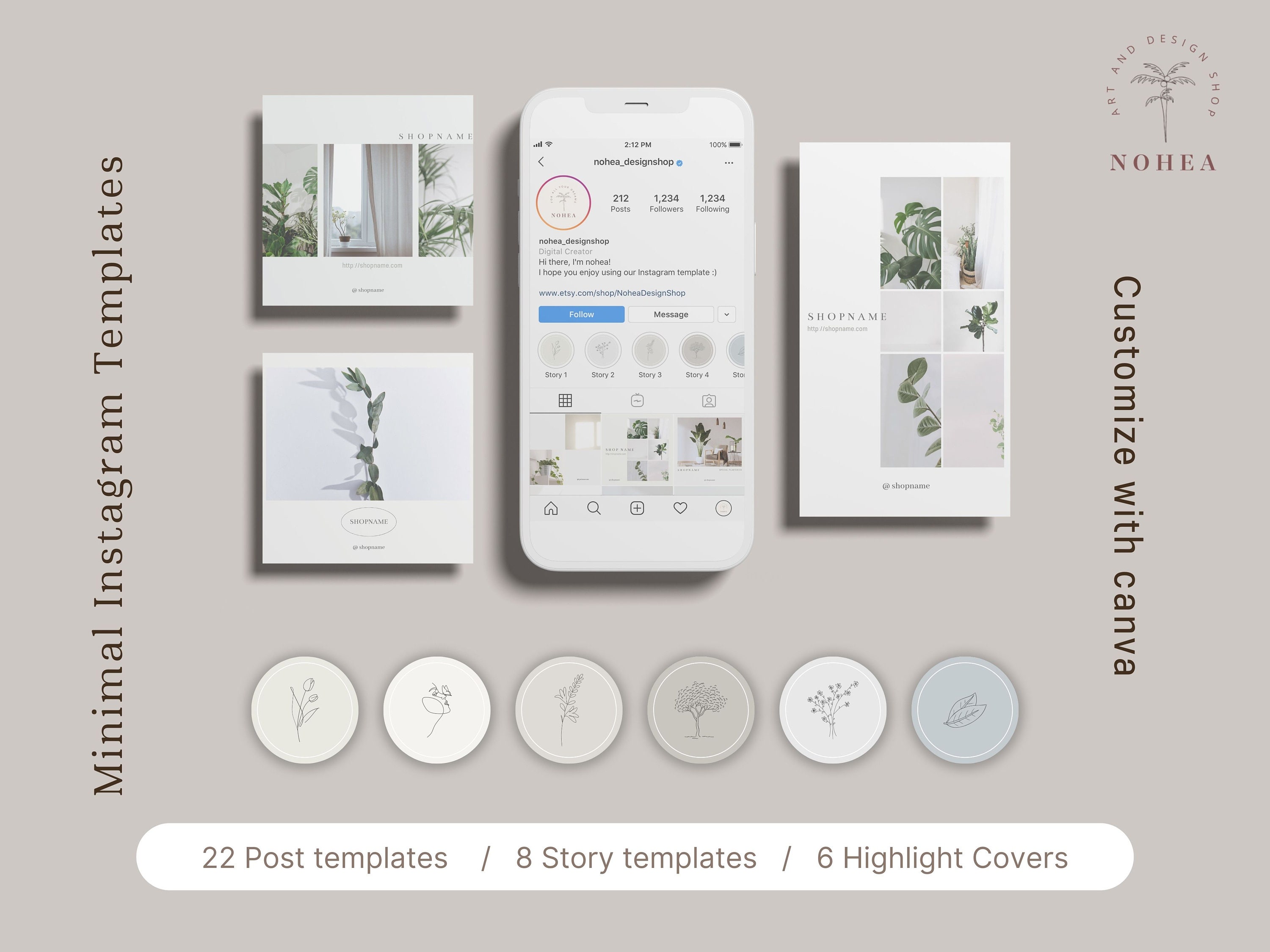 Editable Instagram Template Set Canva 36 (post, Story, Highlight Cover ...