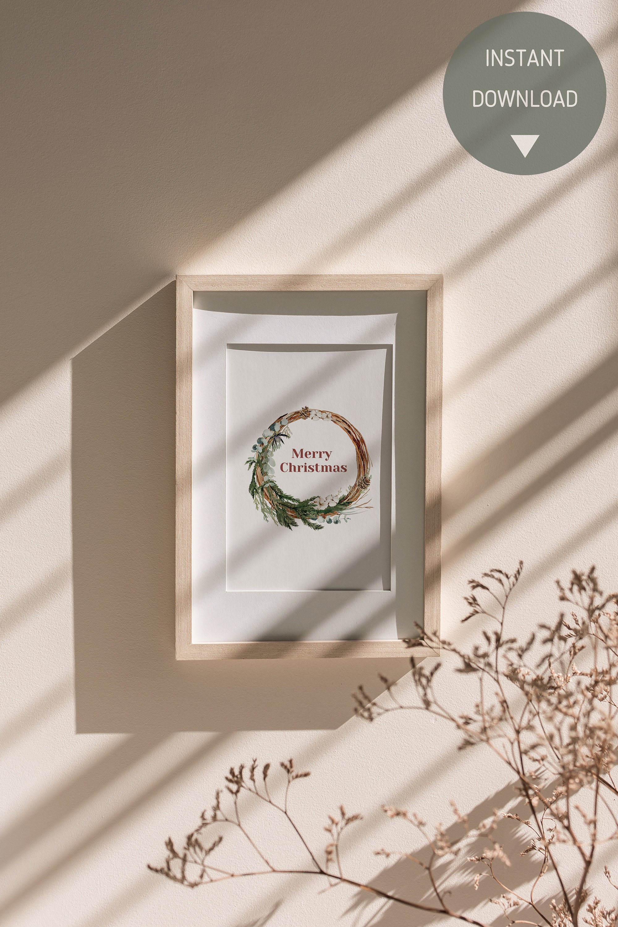 Printable Watercolor Wreath Merry Christmas Decor Minimal - Etsy