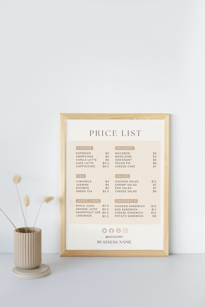 Beige Cafe Bakery Editable Price List Template Minimalist - Etsy