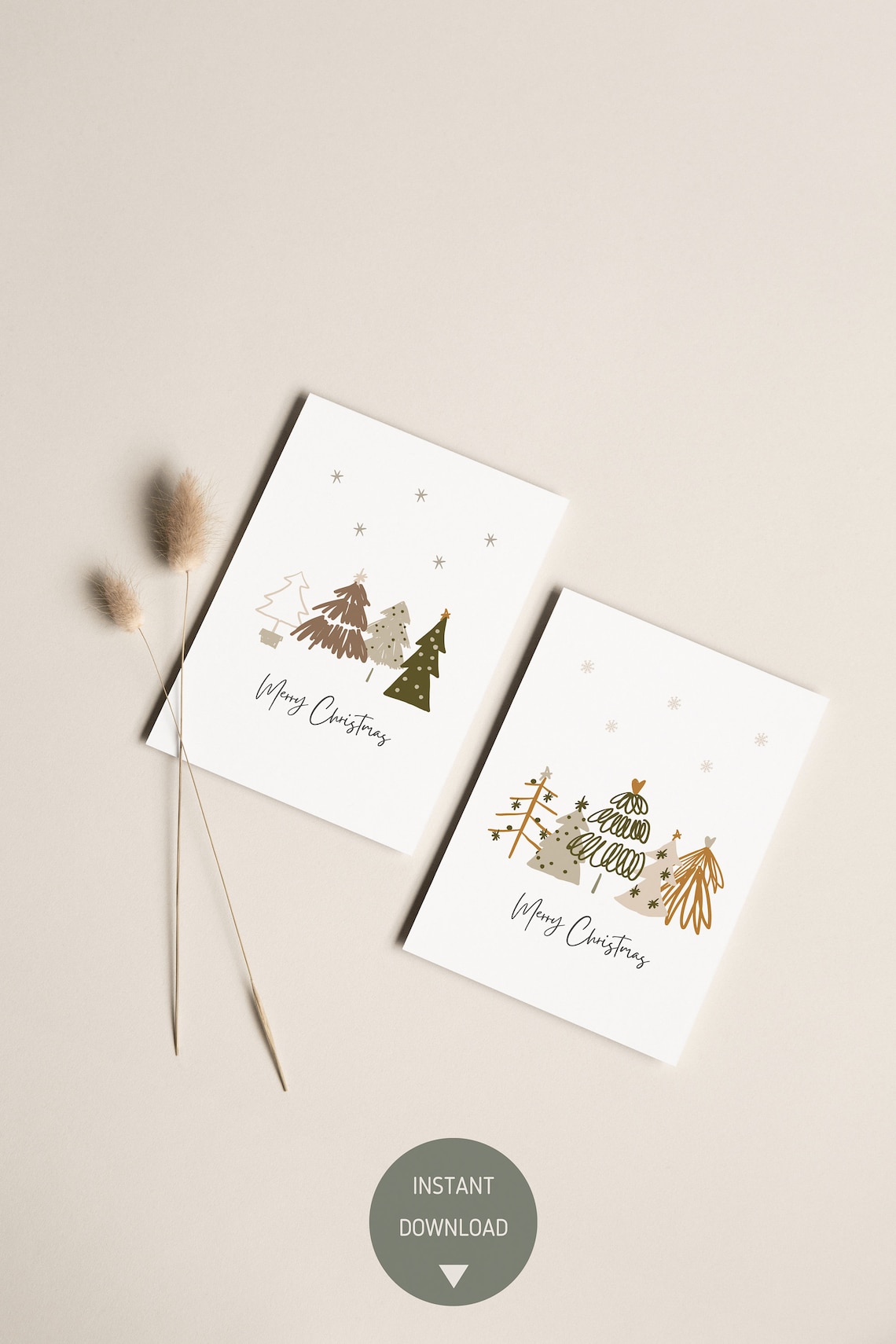 Boho Christmas Tree Printable Set of 2 Cards Merry Christmas White ...