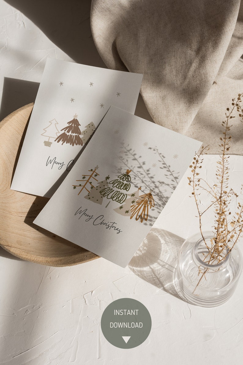 Boho Christmas Tree Printable | Set of 2 Cards| Merry Christmas | White ...