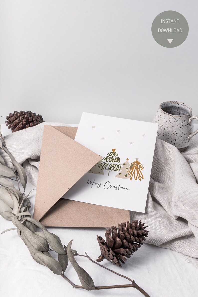 Boho Christmas Tree Card Printable Merry Christmas Printable White ...