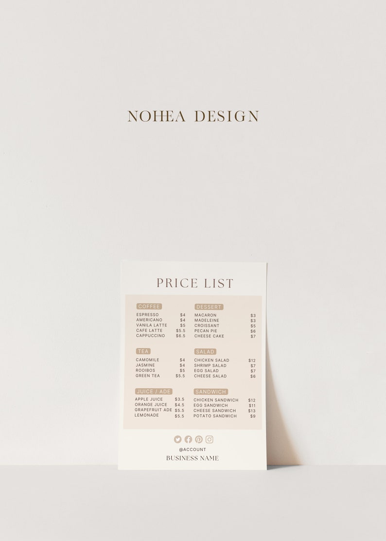 Beige Cafe Bakery Editable Price List Template Minimalist - Etsy