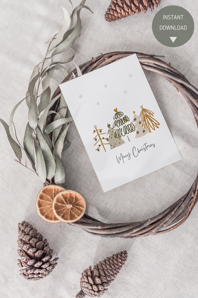 Boho Christmas Tree Card Printable Merry Christmas Printable White ...