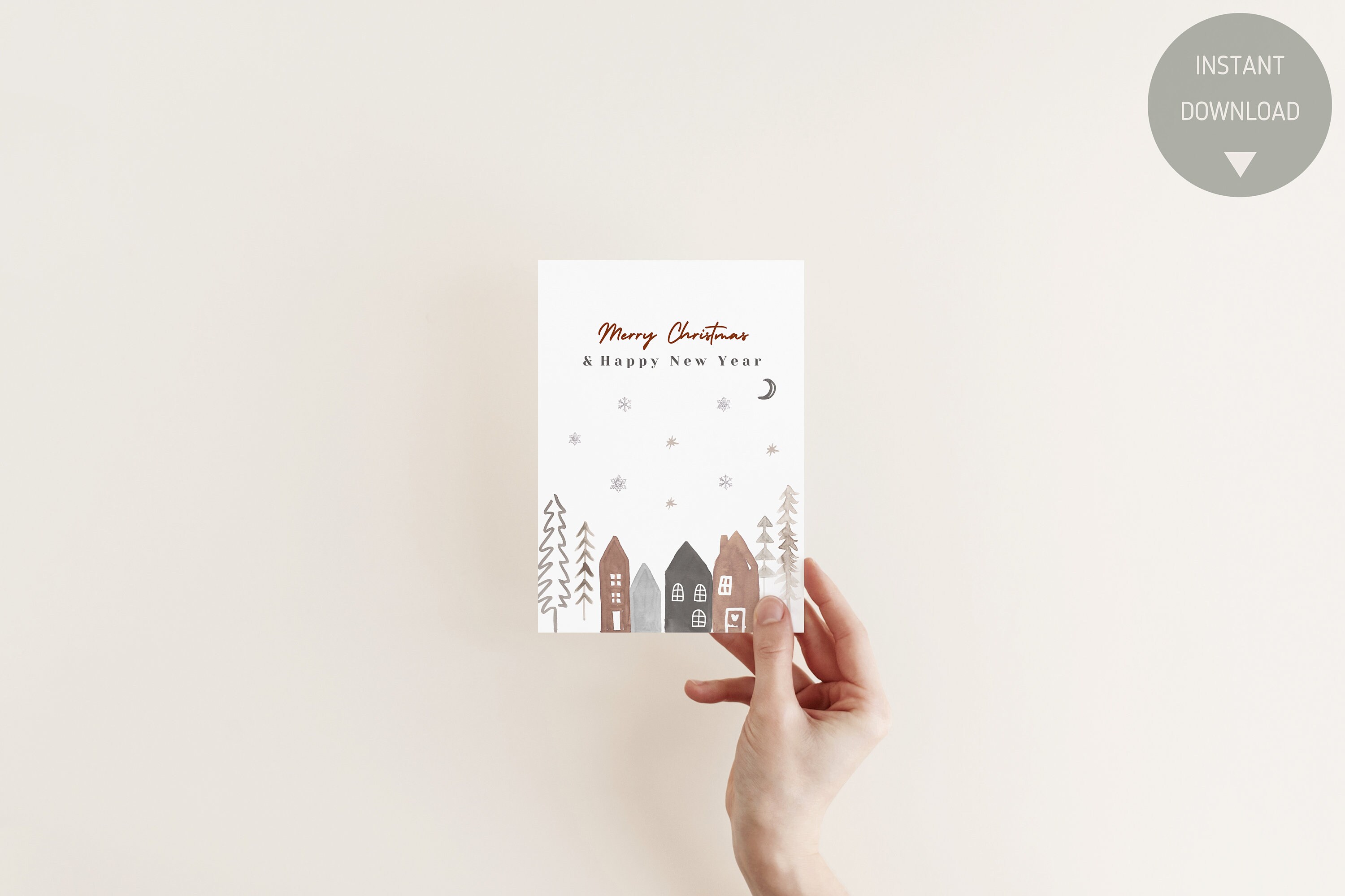 Watercolor Boho Winter House Christmas Card Printable Merry - Etsy
