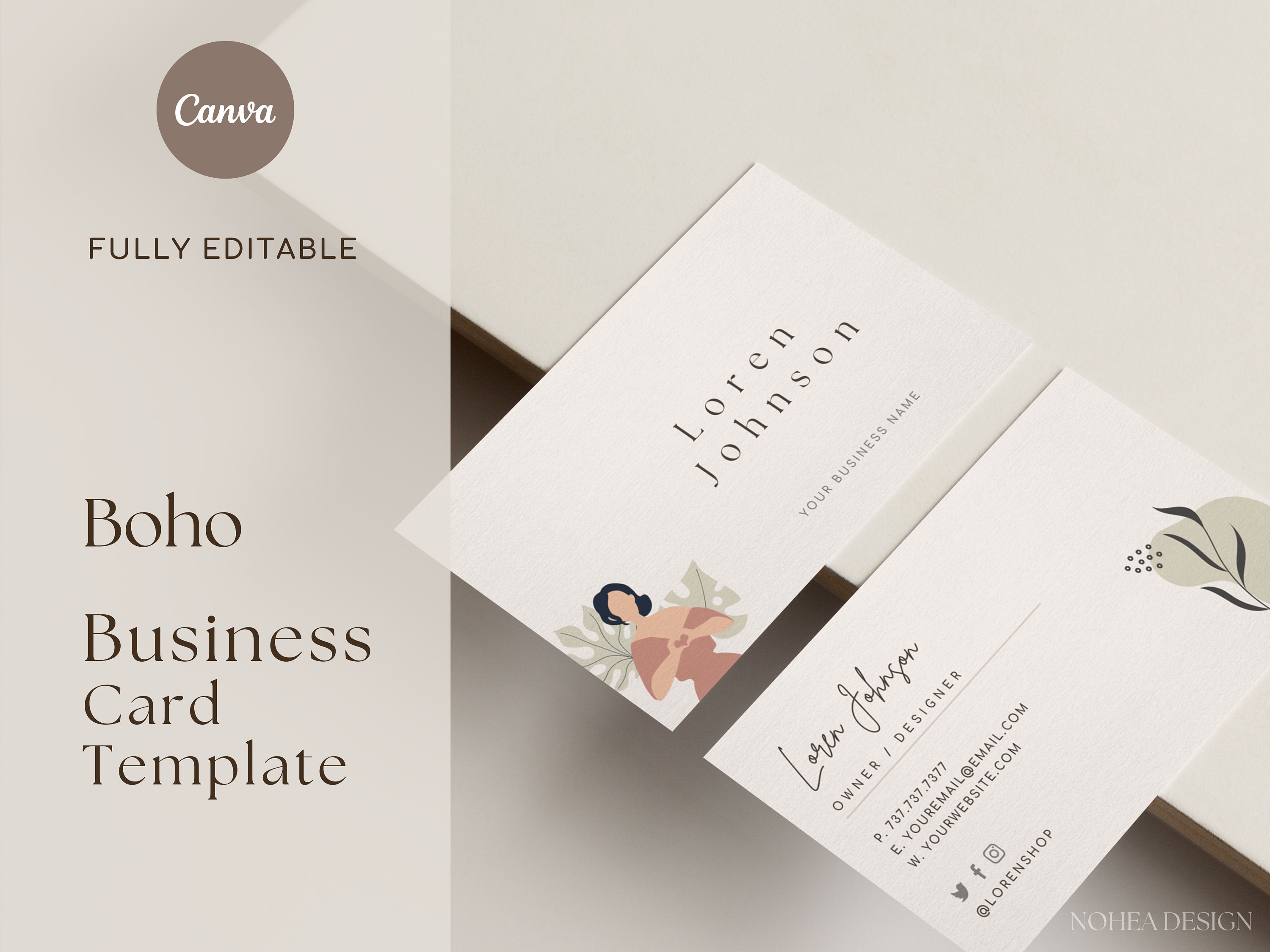 Boho Business Card Template Canva Printable Retro DIY Calling Card ...