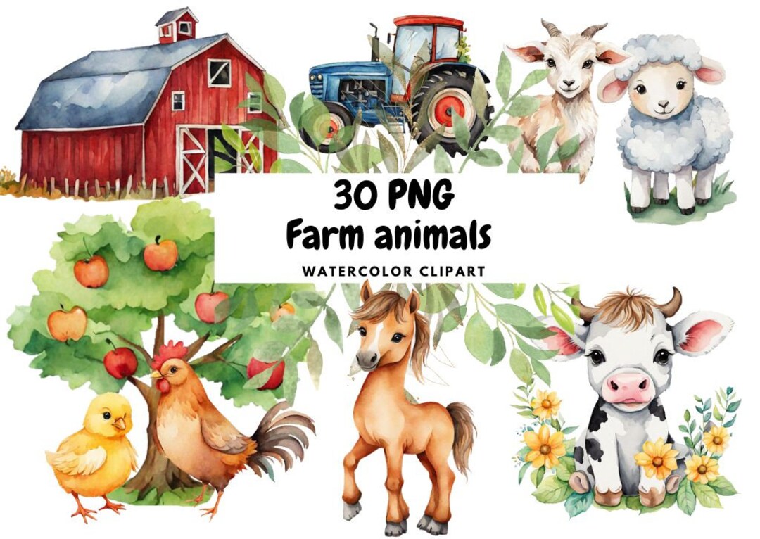 Farm Animals Watercolor Clipart, Cute Farm Clip Art, Nursery Decor ...