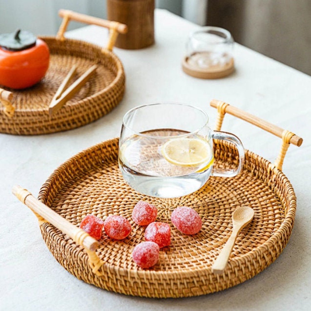 Wicker Rattan Trayrattan Baskettray Decorationnatural Round - Etsy