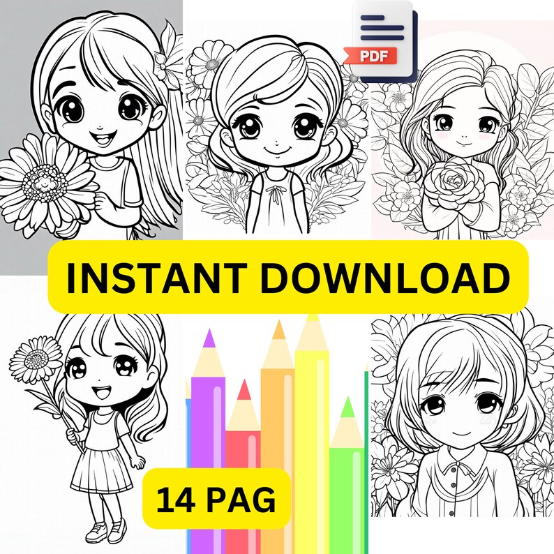 14 Chibi Coloring Sheets Printable Chibi Girl Flower Instant Download ...
