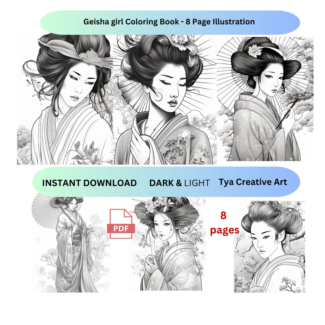 Geisha Girl Coloring Pages 8 Pack of Premium Art Printable Adult ...