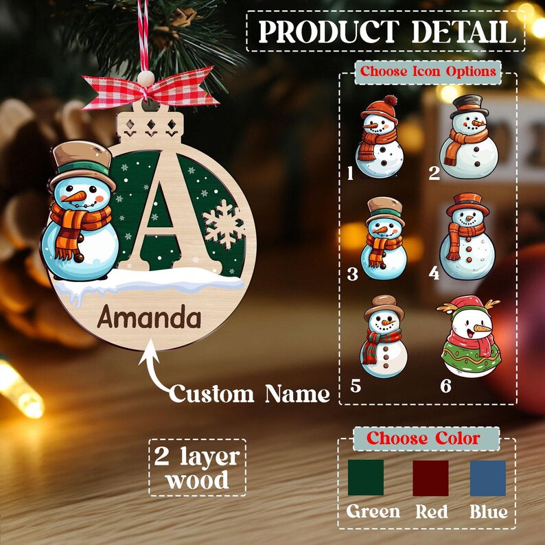 Personalized Snowman Christmas Ornament, Wooden Custom Name Tags ...
