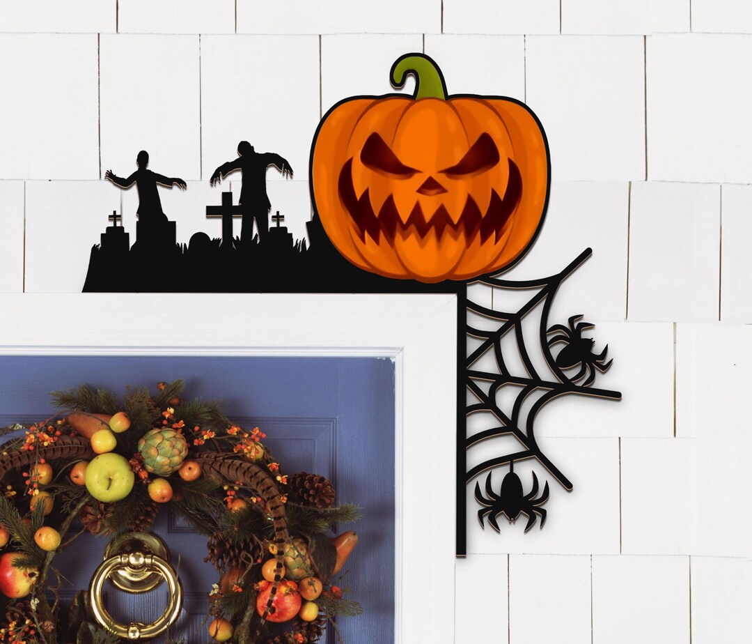 Halloween Door Corner Wood Sign, Pumpkin and Spider Web Door Topper ...