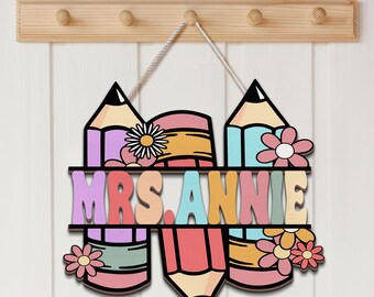 Custom Teacher Door Hanger, Personalized Teacher Pencil Name Sign ...