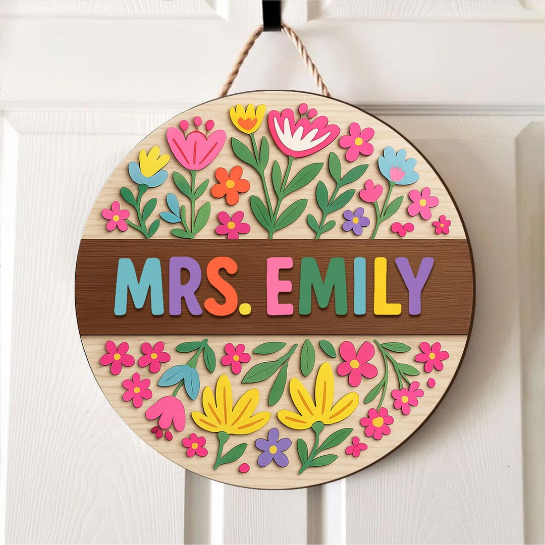 Custom 3D Teacher Door Hanger, Gift for Teacher, Floral Teacher Name ...
