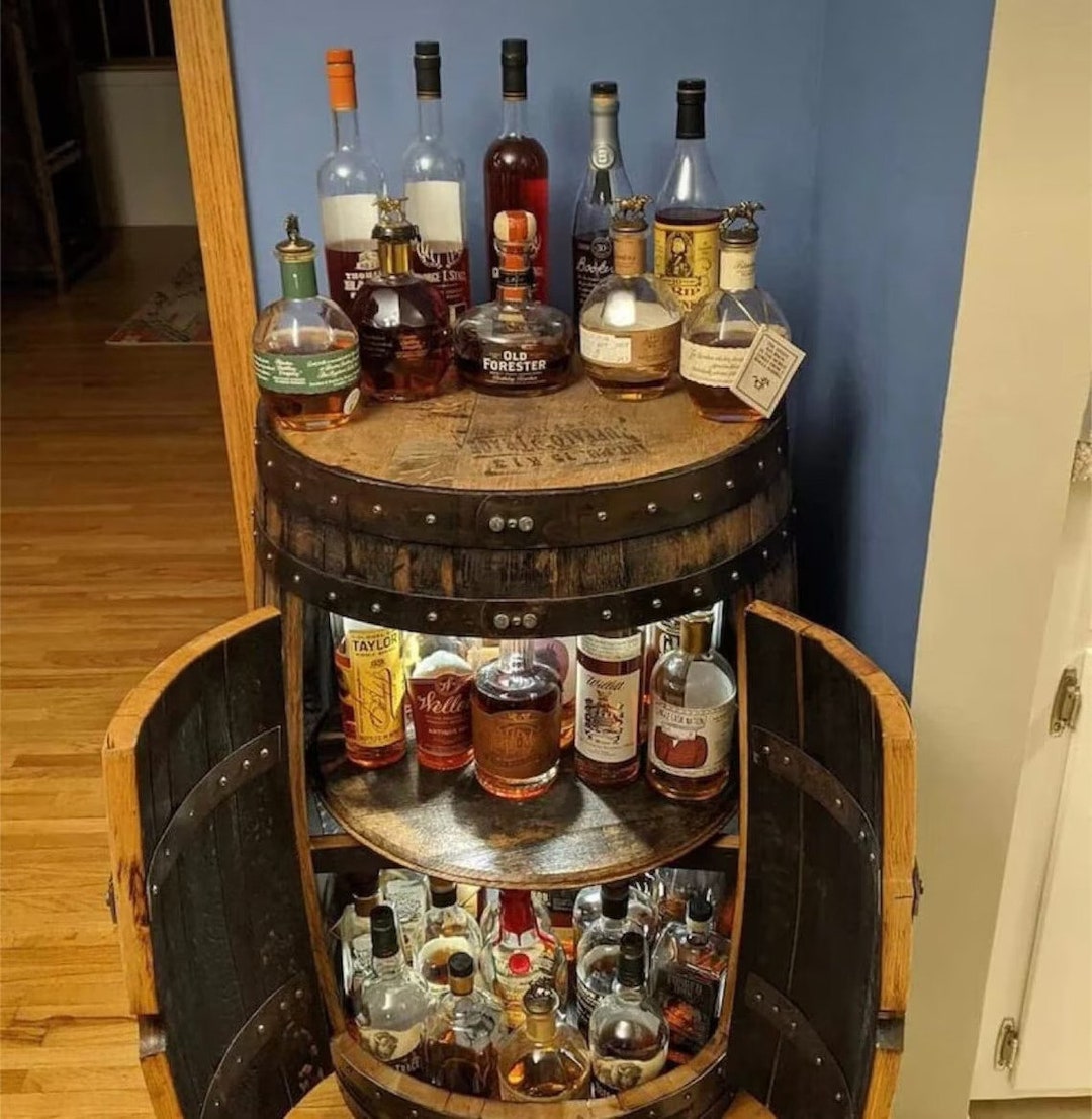 Double Door Whiskey Barrel Mini Bar With Lights Crafted From Authentic ...