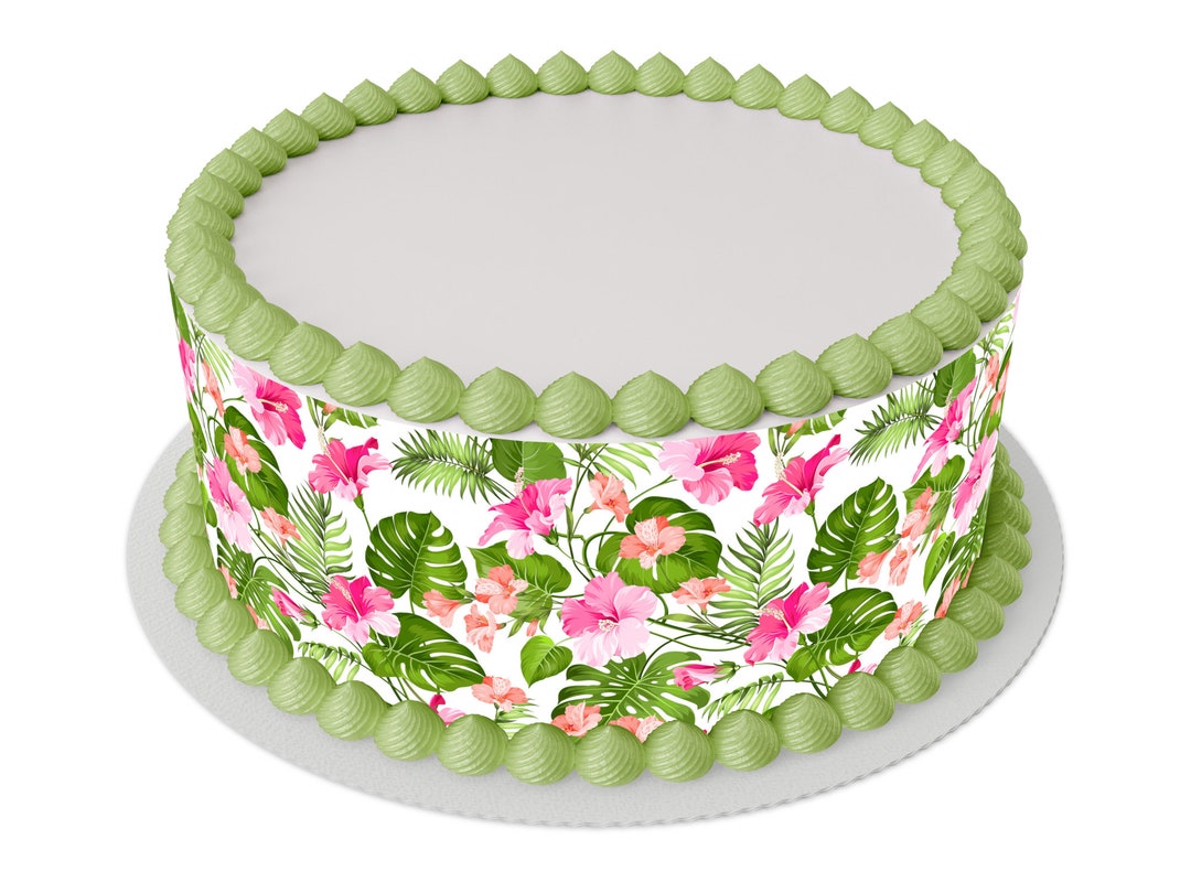 Tropical Leaves and Flowers Edible Image Cake Wrap Strip, Tropical ...
