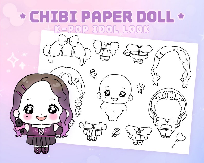 K Pop Idol Look Chibi Paper Doll, Instant Download, Printable Paper ...