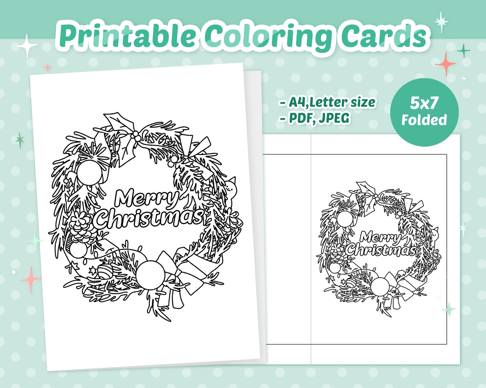 Printable Christmas Wreath Coloring Card for Kids, Instant Download ...