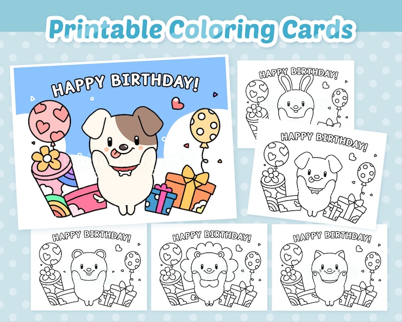 Printable Animal Birthday Coloring Card for Kids, Instant Download, 5x7 ...