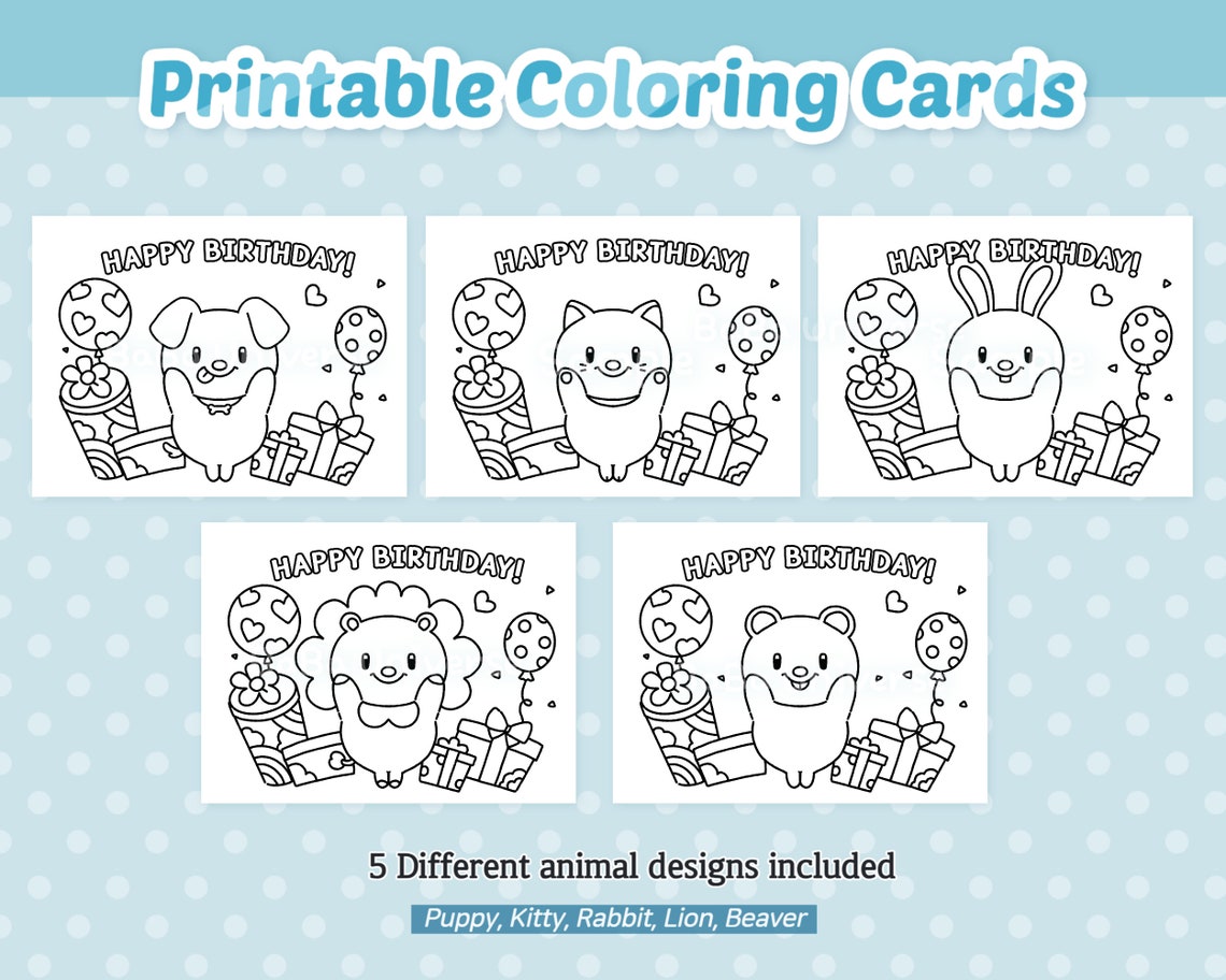 Printable Animal Birthday Coloring Card for Kids, Instant Download, 5x7 ...