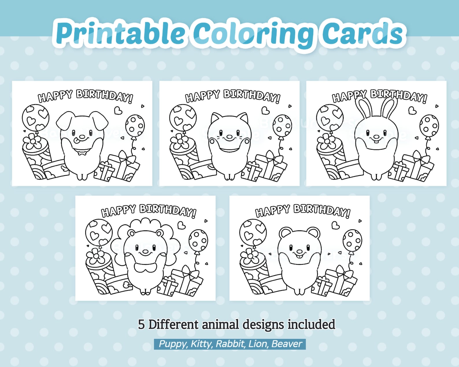 Printable Animal Birthday Coloring Card for Kids, Instant Download, 5x7 ...
